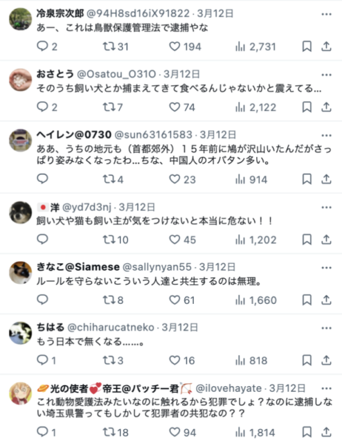 【川口市】アジア系外国人2人がハトを無断でつかまえ調理する動画をネット投稿 他にも「注意した高齢者宅を車で囲んで脅す」「ランニング中の女性を